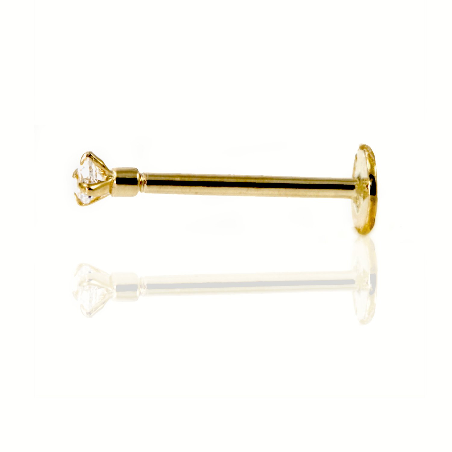 14k Gold Labret Stud Body Piercing CZ Lip Ring 13mm - 18 Gauge (Yellow-gold)