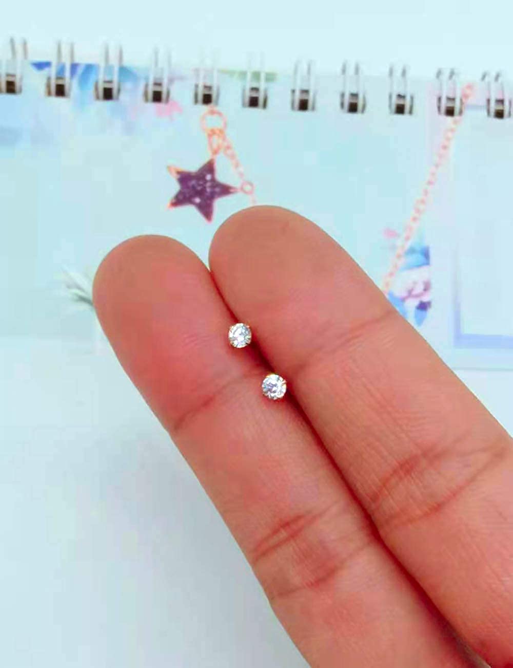 14K Gold Plating Tiny 3MM CZ Stud Earrings Micro 20G Cartilage Piercing Ear Studs Mini Cubic Zirconia Post Earrings for Women&Men…