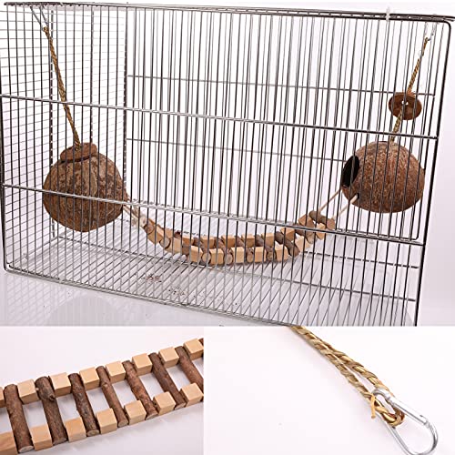Coconut Bird Nest with Ladder for Parrots Parakeet Conures Lovebird Cockatiel Finch Canary, Small Animals Hideaway Hut, Coconut Shell Bird Cage Toy, Natural Coconut Squirrel House Hanging Loop