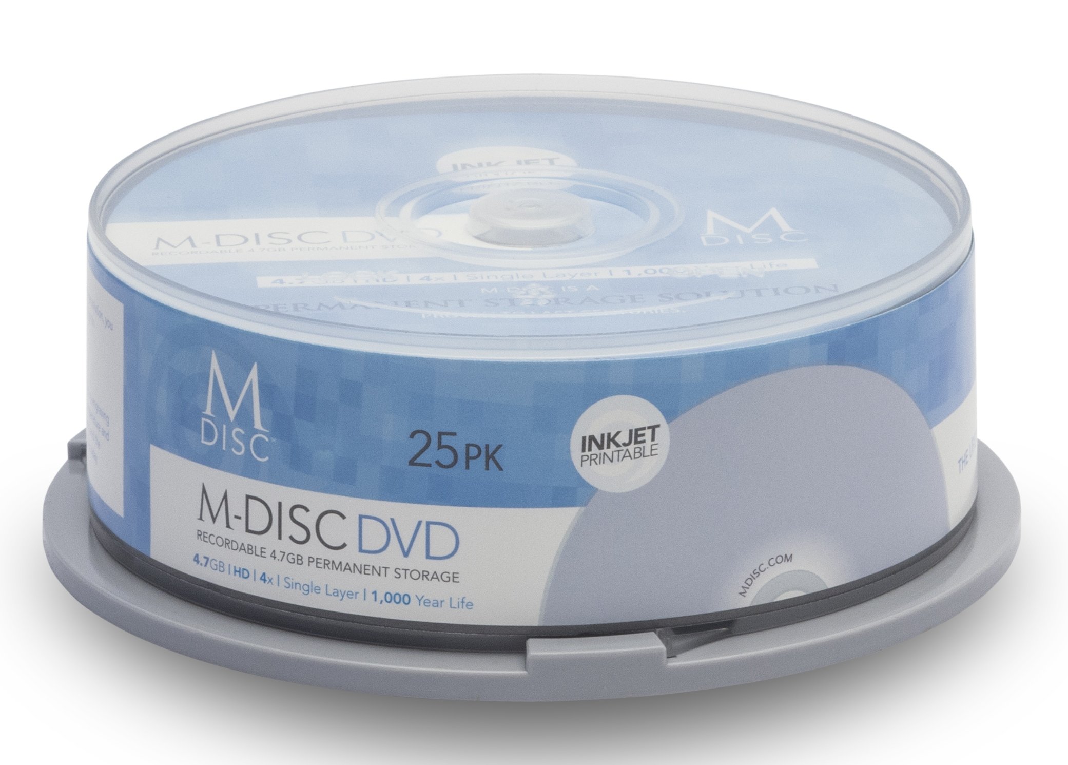 25 Pack Millenniata M-Disc DVD 4.7GB 4X HD White Inkjet Printable 1000 Year Permanent Data Archival / Backup Blank Media Recordable Disc
