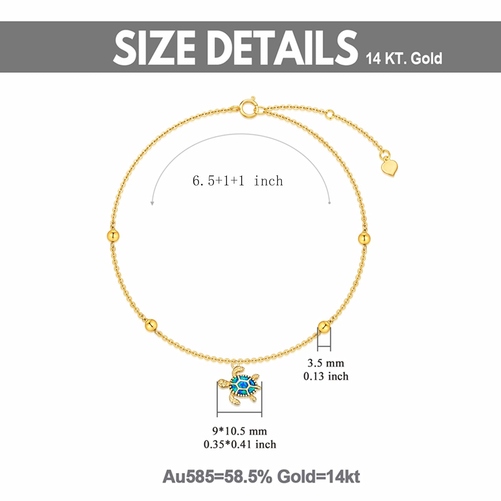 14K Gold Sea Turtle Bracelets for Women Blue Opal Bracelets Beach Real Gold Bracelet, 6.5''-8.5'' Bead Chain