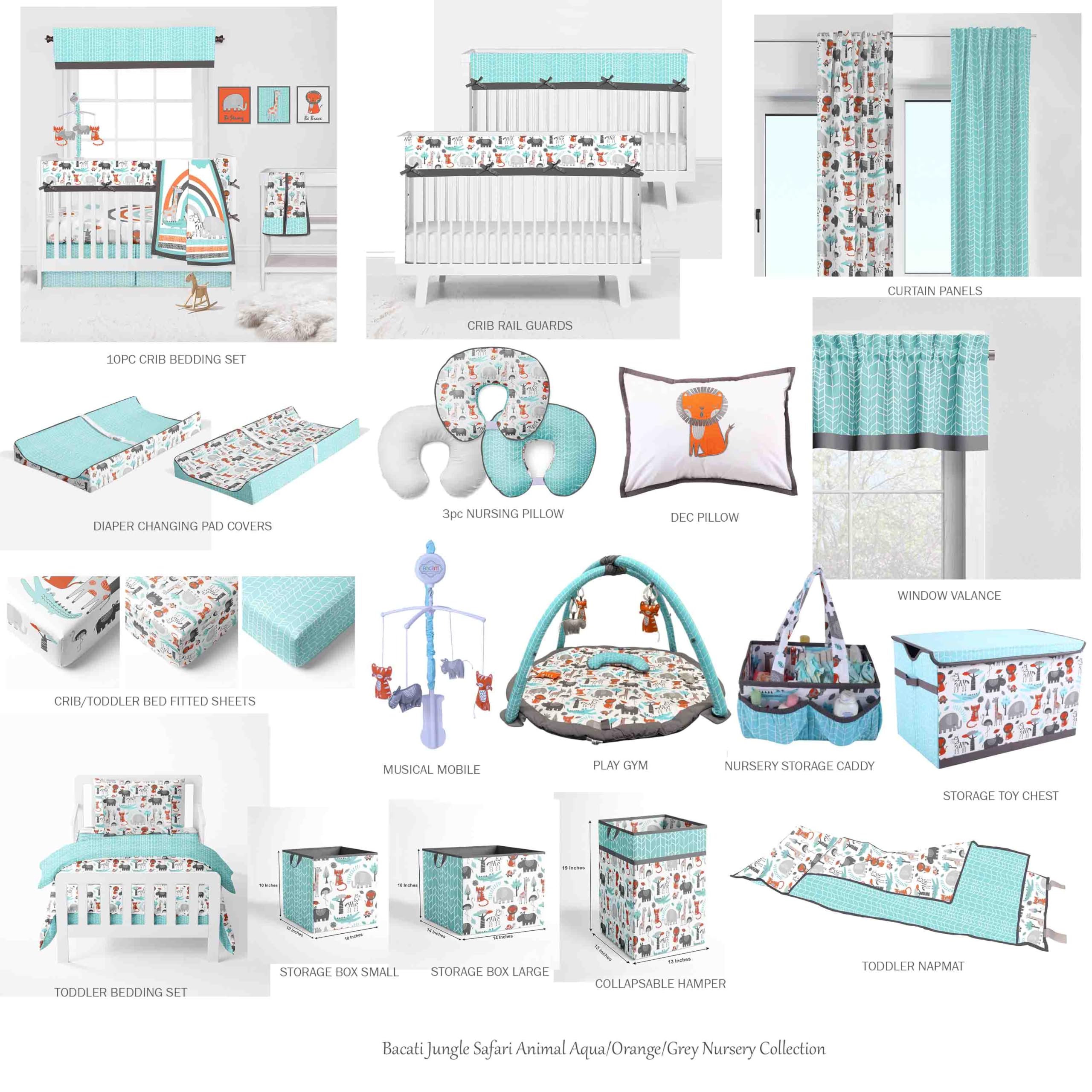 Bacati - Small Storage Tote Safari Animals Aqua/Orange/Gray Boys 10 x 10 x 10 inches