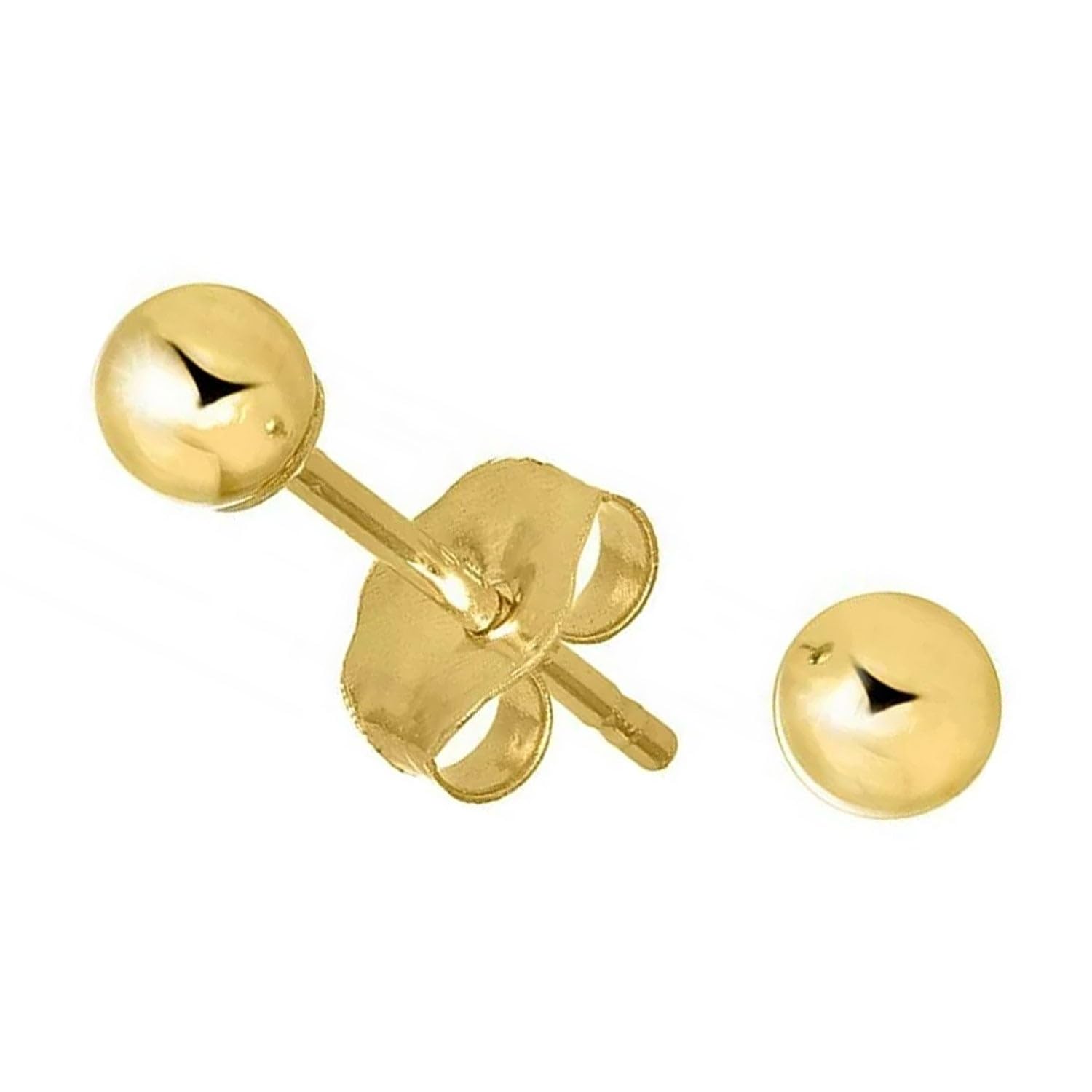 14k Real Yellow Gold Stud Ball Earrings, Gold Friction Backs - 2 mm