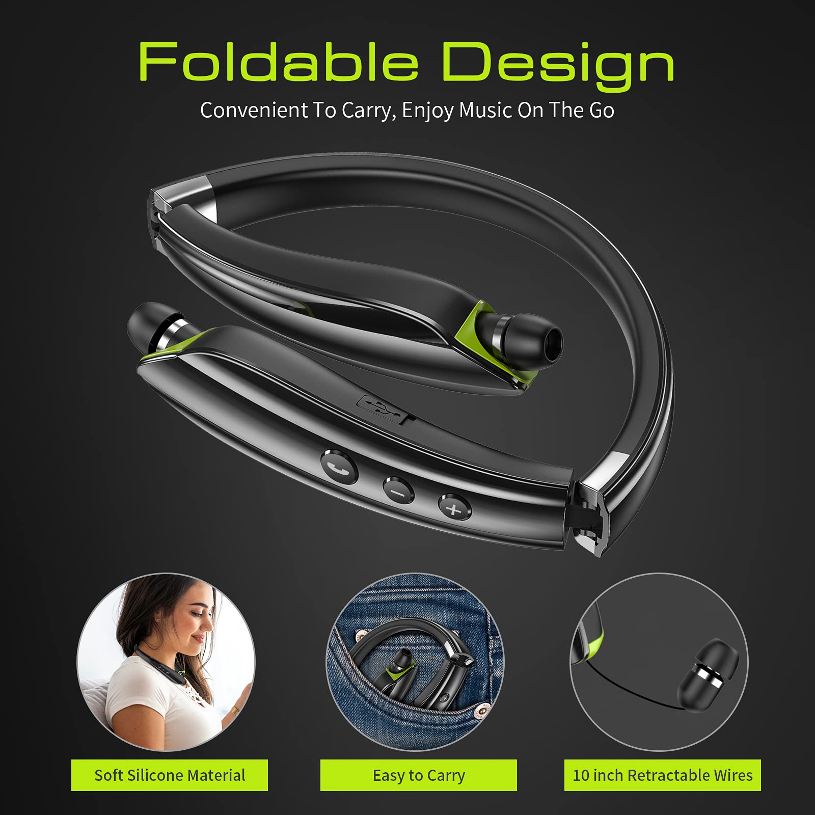 LOVOCOO Bluetooth Headset, [2021 Upgraded] Neckband Bluetooth Headphones with Retractable Earbuds, Noise Cancelling Stereo Wireless Earphones with Mic for Sports Office (with Carry Case)