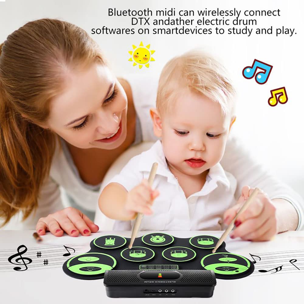 9 Pads Portable Electronic Drum Set with Built-in Speakers, Power Supply, Foot Pedals and Drumsticks, Roll Up Electric Musical Instruments