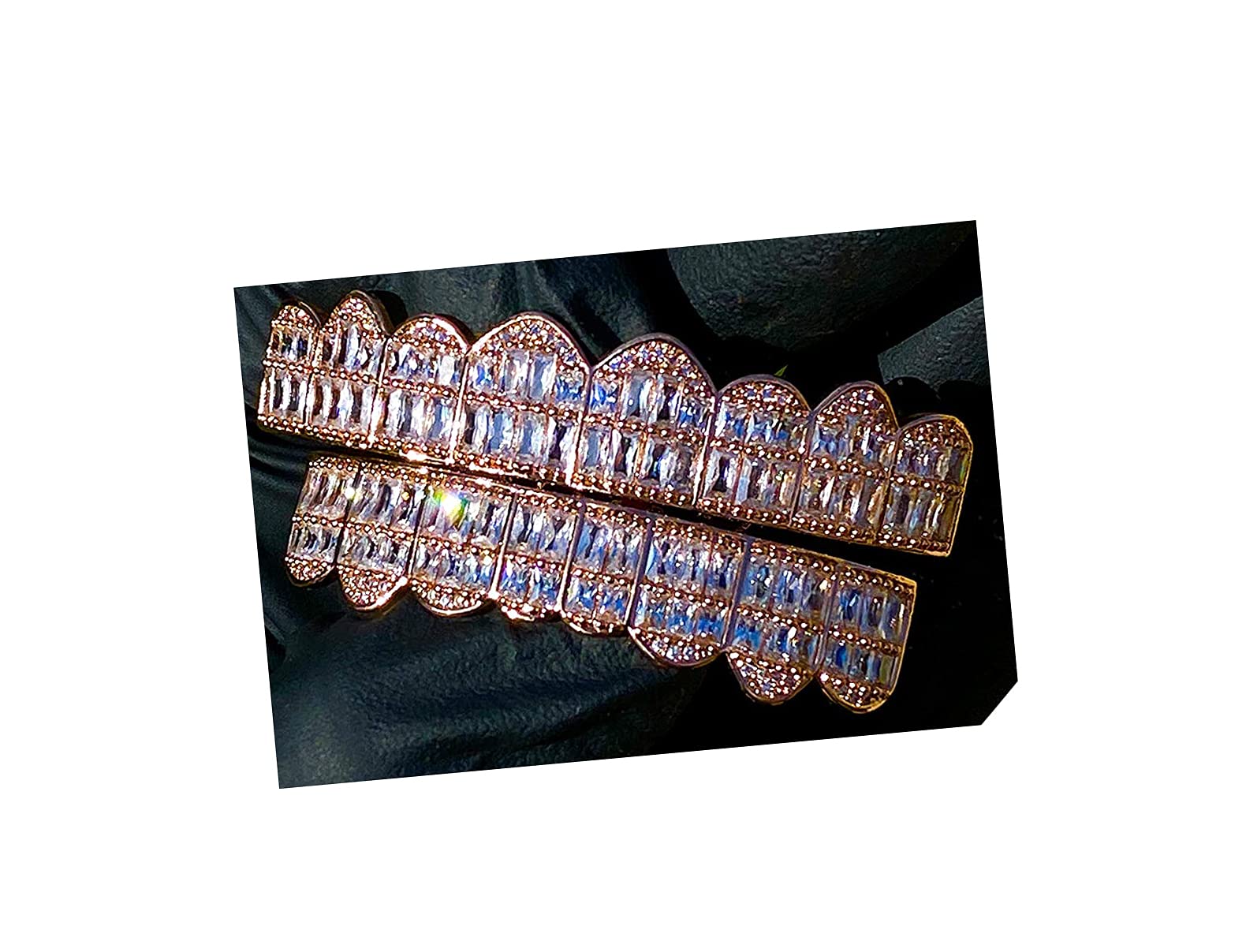14k Rose Gold Baguette Joker Pink Grillz for Mouth Top Bottom Hip Hop Teeth Grills for Teeth Mouth Grillz for Mouth Top Bottom Hip Hop 8 Teeth Prong Set Cz Diamonds Grills for Tooth