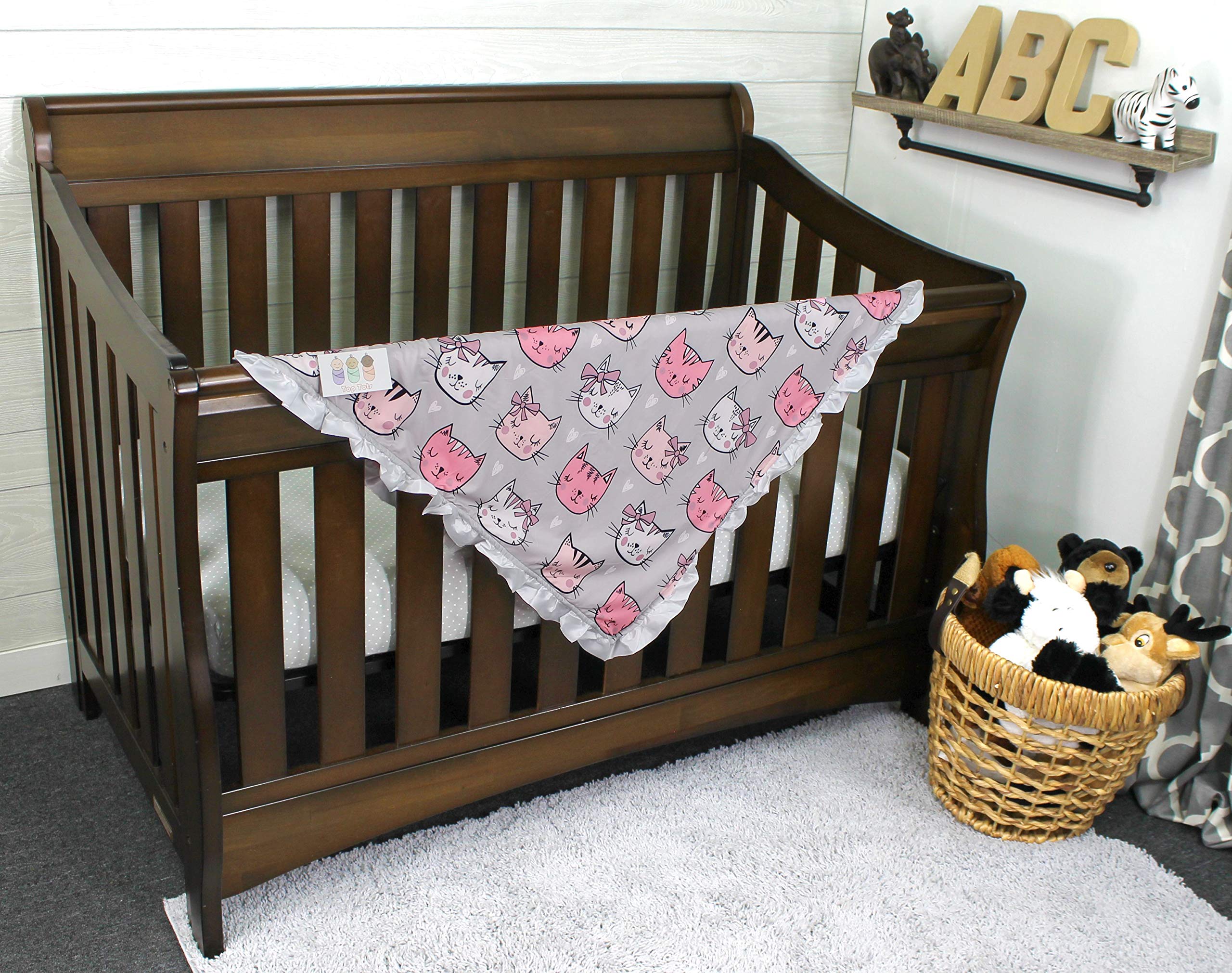 Baby Blanket - Kitty Cats on Grey with Pink Minky Dot and Satin Ruffled Edge