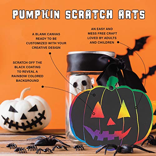 Neliblu Halloween Scratch Art Trick or Treak Paper Crafts Kit Bulk Pack of Halloween Pumpkins with Magic Rainbow Colors - 24 Pumpkin Ornaments, 24 Scratch Sticks, 24 Ribbons