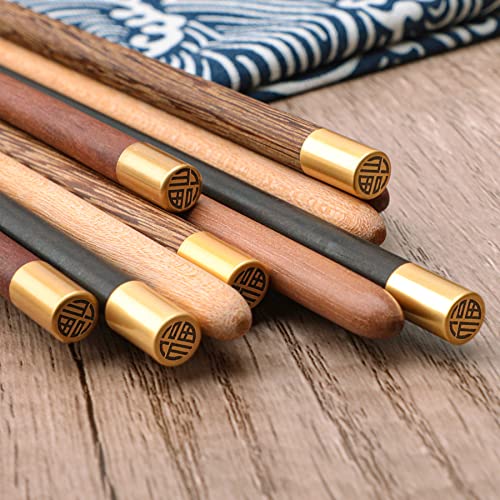 AKONEGE Reusable Chopsticks Wood Splicing Stainless Steel Chopsticks Metal Chopstick Lengthen Japanese Korean Chop Sticks 5 Pairs Gift Set, 9.8 inch
