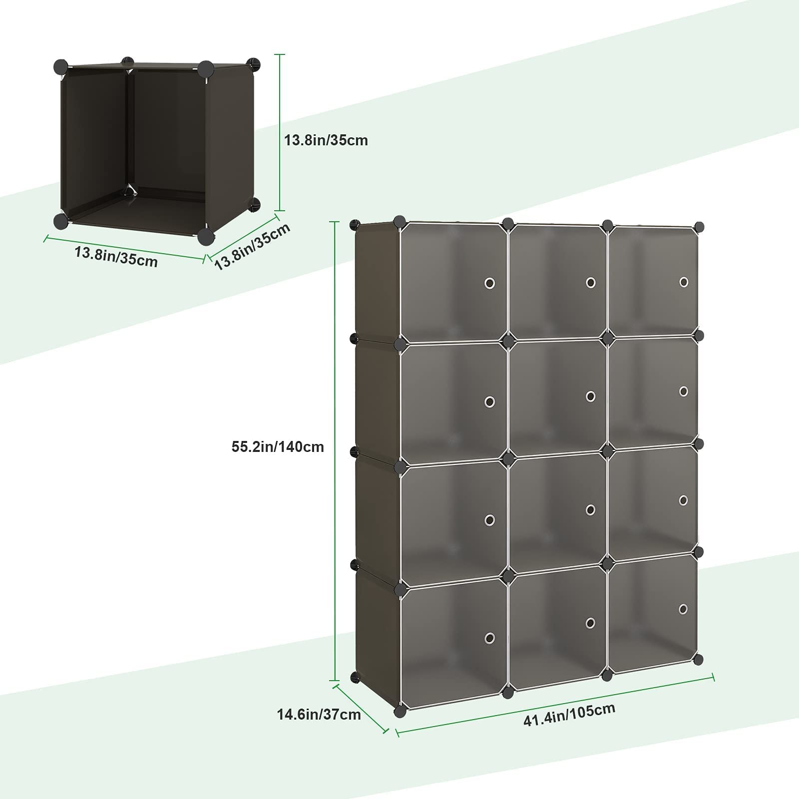 Aeitc Cube Storage Organizer 12-Cube (13.8"x13.8") Clothes Organizer Closet Storage Shelves Plastic Storage Shelving for Bedroom, Living Room, Office, Brown with Transparent Doors