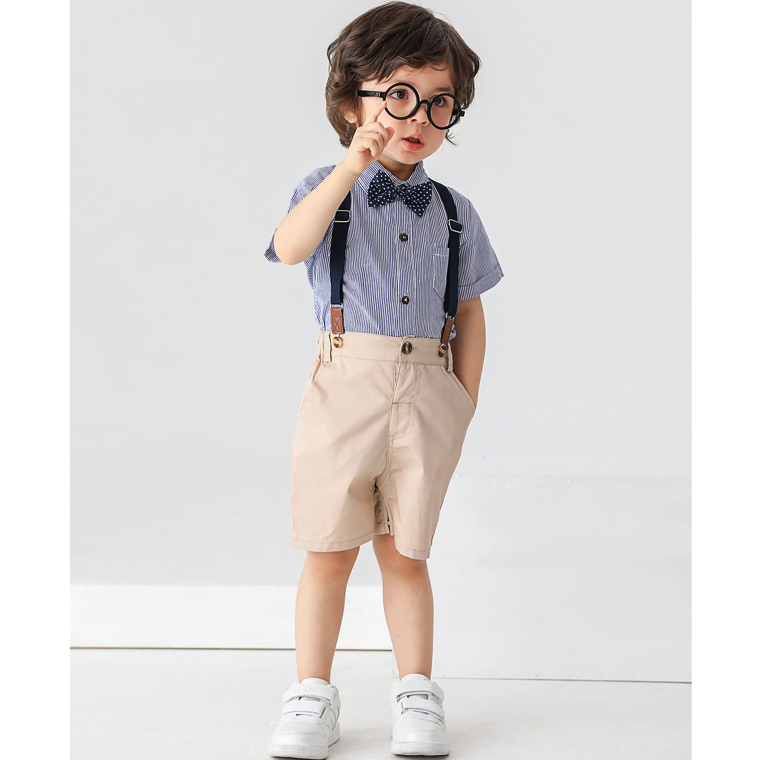 Baby Boys Gentleman Outfits Suits, Infant Blue Shirt+Bib Shorts+Tie+Suspenders Clothing Set,3-6M