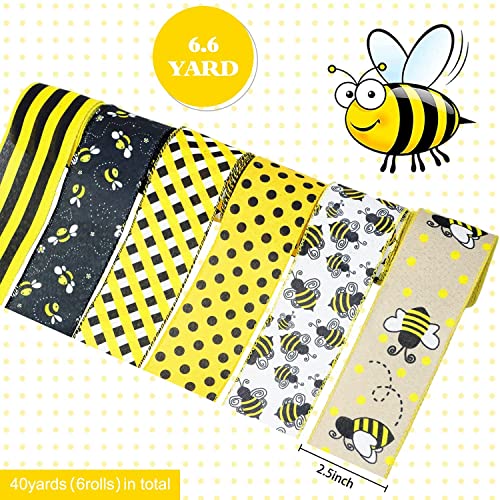 6 Rolls 40 Yards Bee Ribbon Wired Edge Ribbon Honeybee Ribbon for Crafts Wrapping Easter Party Decorations Bee Themed Decorations Bee Baby Birthday Party Supplies