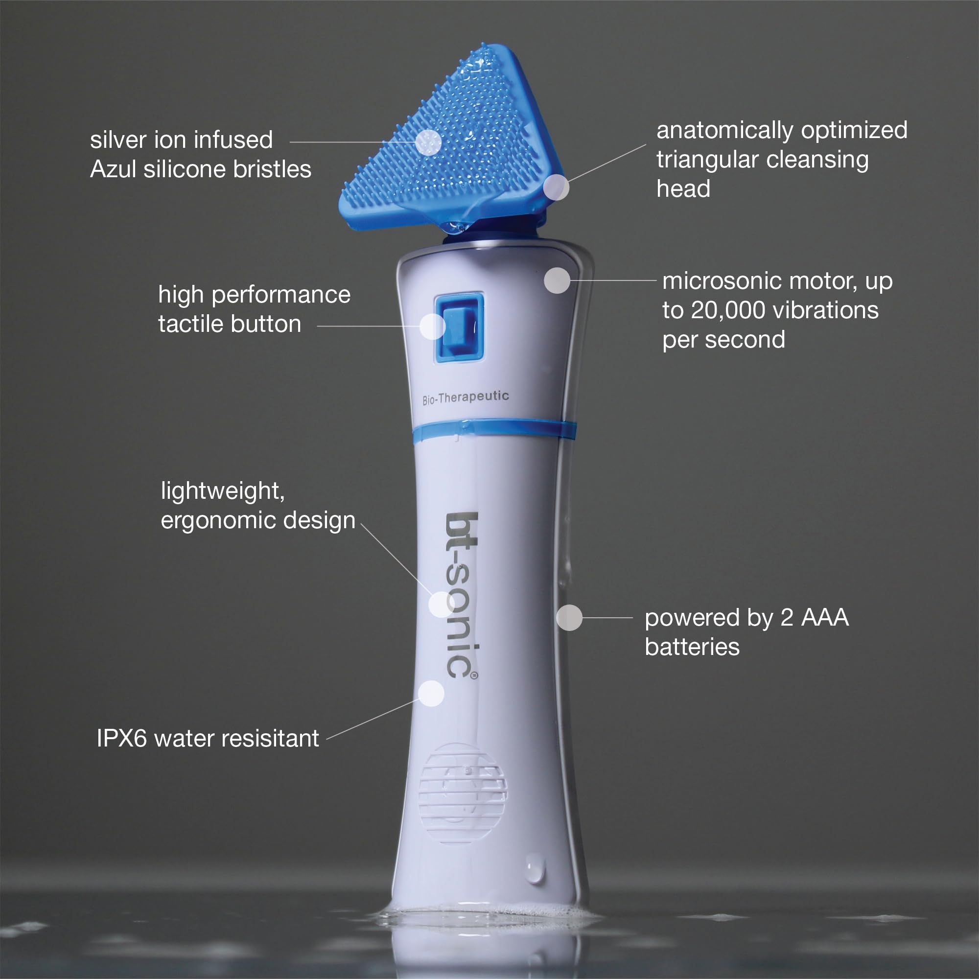 Bio-Therapeutic bt-Sonic Facial Cleansing Brush, Ultrasonic Handheld Silicone Face Cleanser, Exceptional Quality Water Resistant Face Exfoliator