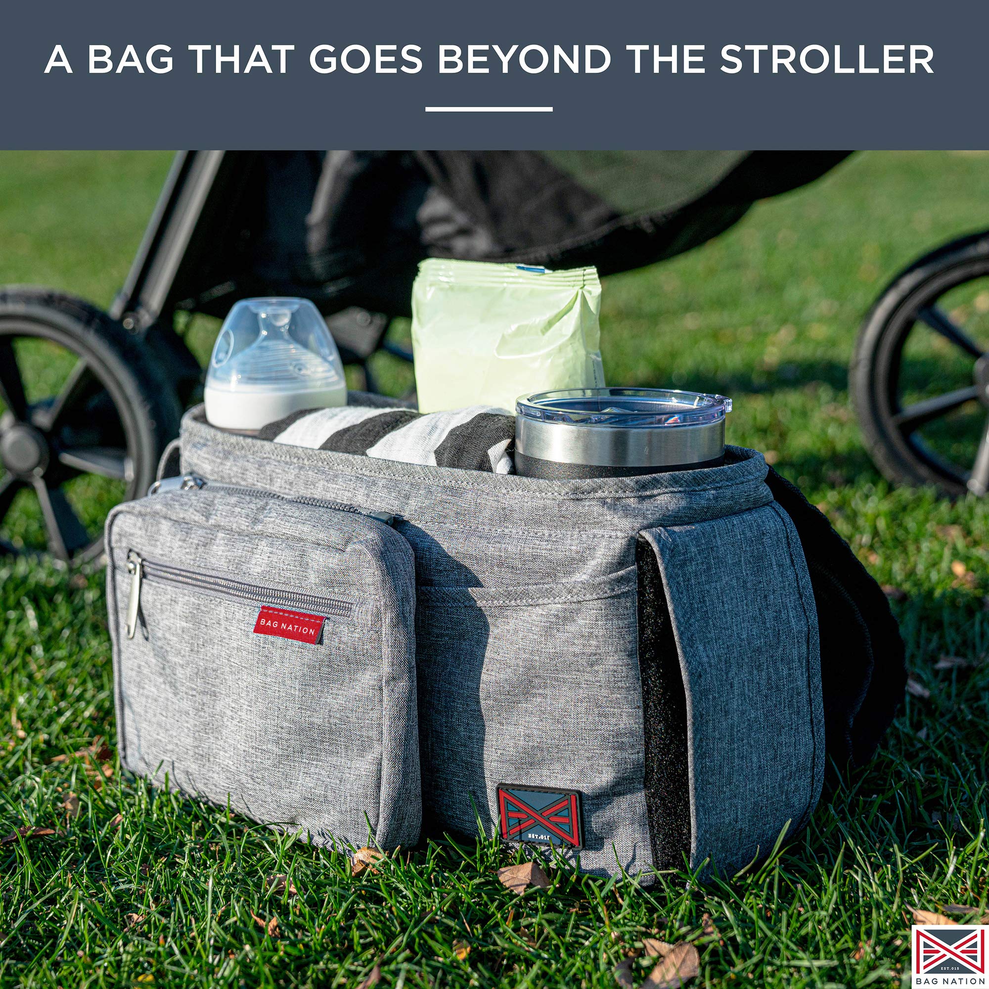 Bag Nation Universal Stroller Organizer Caddy Featuring Cup Holders, Large Main Pocket Compatible with Uppababy, Baby Jogger, Britax, Bugaboo, BOB, Umbrella and Pet Stroller - Grey