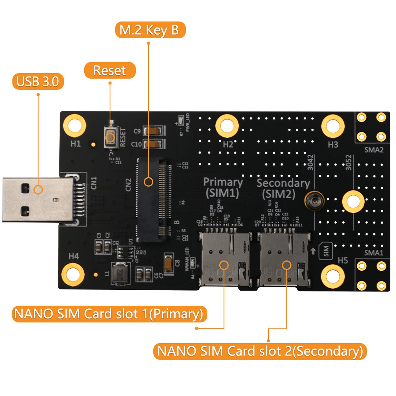 M.2 NGFF to USB 3.0 Adapter Card, 3042/3052 NGFF (M.2) to USB 3.0 A Adapter with Nano SIM Card Slot for 3G/4G/5G Module
