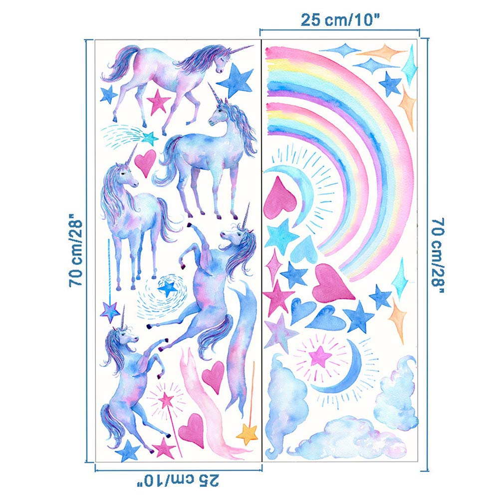 Wajade Unicorn Wall Decals, 2 Sheets Unicorn Rainbow Peel and Stick Wall Stickers Removable Wall Decor for Girls Kids Bedroom Nursery Playroom Decor