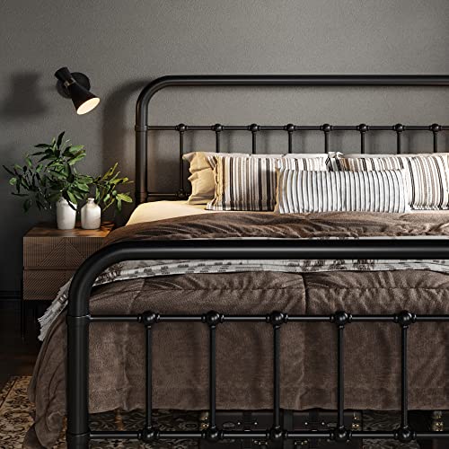 Allewie King Size Metal Platform Bed Frame with Victorian Style Wrought Iron-Art Headboard/Footboard, No Box Spring Required,Black