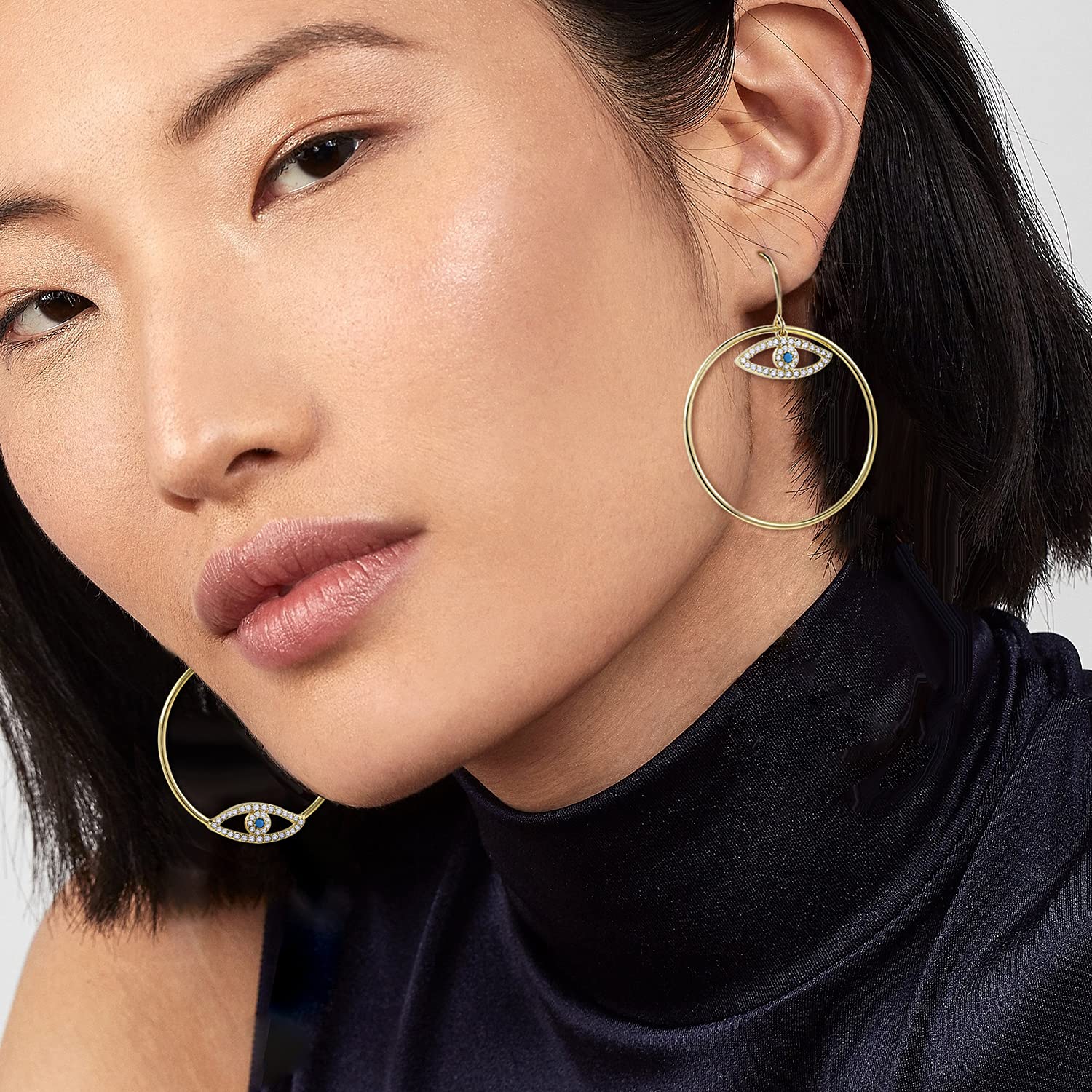 14K Gold Plated Evil Eye Earrings Gold Dangle Earrings for Women Asymmetrical Trendy Drop Earrings