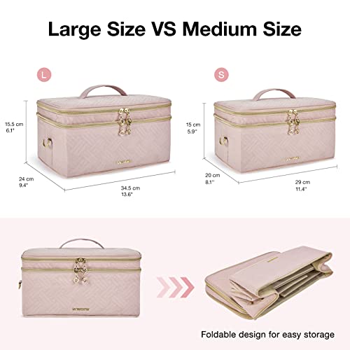 BAGSMART Medium Makeup Bag, Double Layer Large Cosmetic Makeup Organizer Travel Makeup Train Case with Shoulder Strap for Cosmetics Makeup Brushes Toiletries Travel Accessories (Pink)