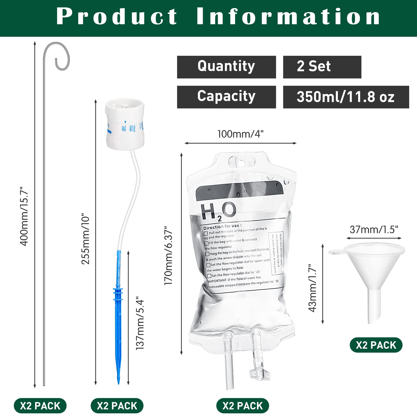 2 Set Plant Water Bag Automatic Plant Watering System 350ml Irrigation Drip Bag with Metal Support Rod and Regulating Valve Self Watering Devices for Indoor Outdoor Plants Flowers