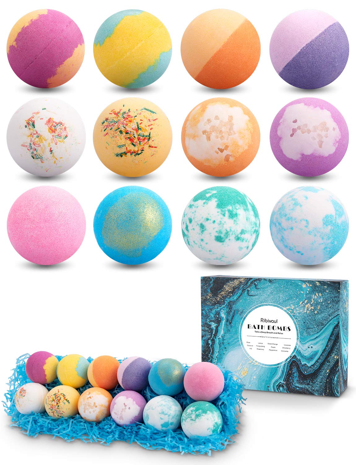 Bath Bombs 12 PCS Gift Set, Ribivaul Handmade Natural & Organic Bath Bomb with Rich Bubbles and Colors, Idea Mother's Day Gift for Men/Women/Kids/Friends