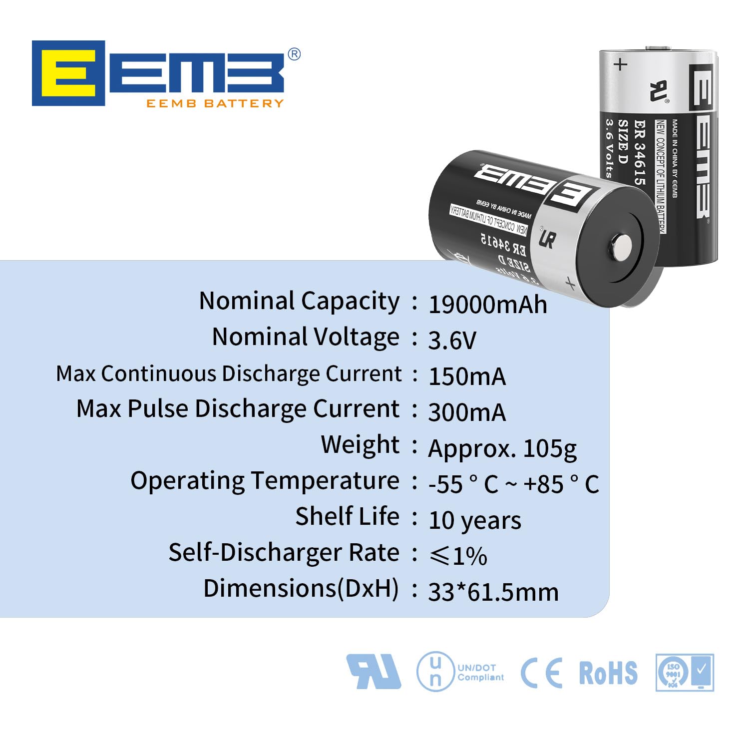 4Pack EEMB 3.6V D Cell Batteries ER34615 D Size Lithium Batteries 19000mAh Li-SOCL₂ Non-Rechargeable Battery LS-33600 XL-205F for CNC & Printing Machine Tool,Meter,Clock & 1 Year Manufacturer Warranty