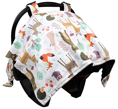 Baby Car Seat Canopy Cover - Forest Animals Bear Deer Fox Owl Rabbit with Dark Brown Minky Dot