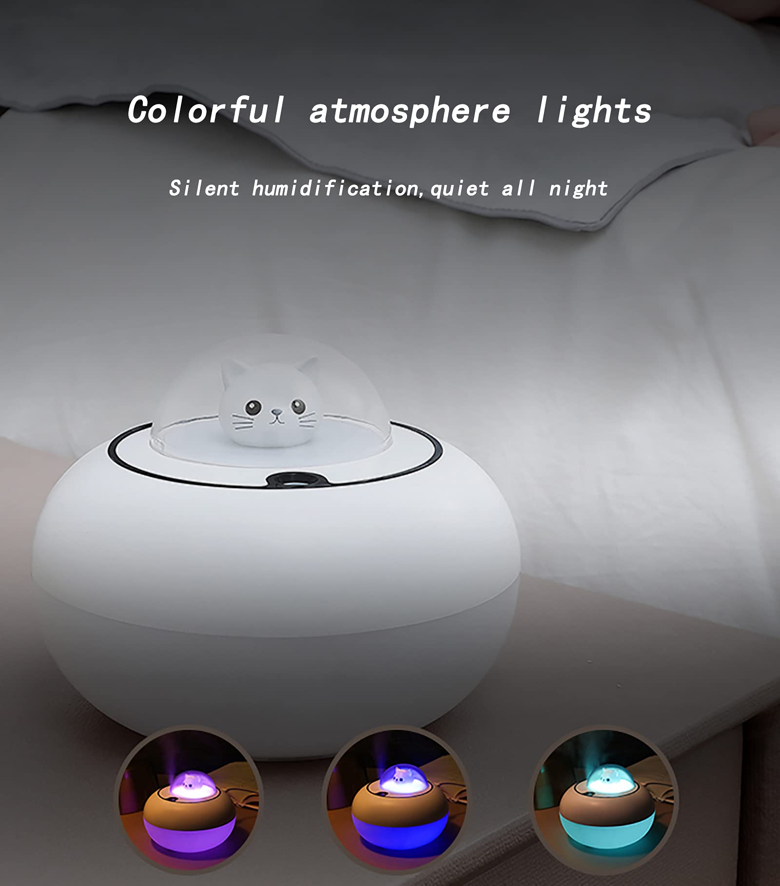 400ML household humidifier, night light cold fog humidifier, automatic timing off, automatic shutdown without water, whisper silent air humidifier, cute kitten, plant, office (Purple)