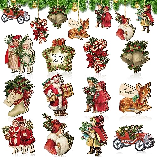 24 Pcs Christmas Wood Ornaments Vintage Christmas Decorations for Tree Xmas Santa Claus Bell Candy Cane Wood Cutout Winter Hanging Tag Sign Christmas Decor for Christmas Tree Party Holiday