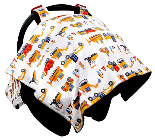 Baby Car Seat Canopy Cover - Construction Tractors with Red Minky Dot