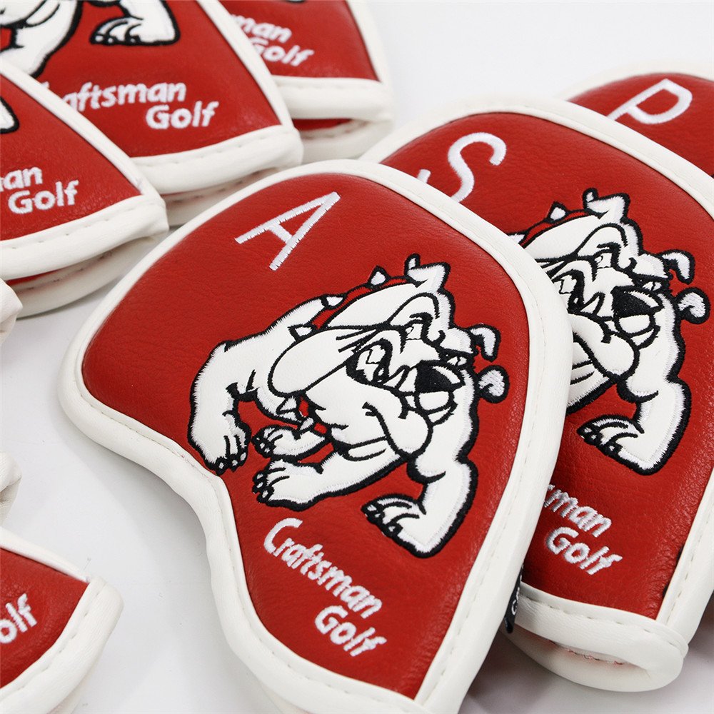 11pcs (4,5,6,7,8,9,A,S,P,L,X) Bulldog Waterproof Pu Leather Iron Headcover Head Covers Set for Taylormade,Callaway and Other Brand (Red)