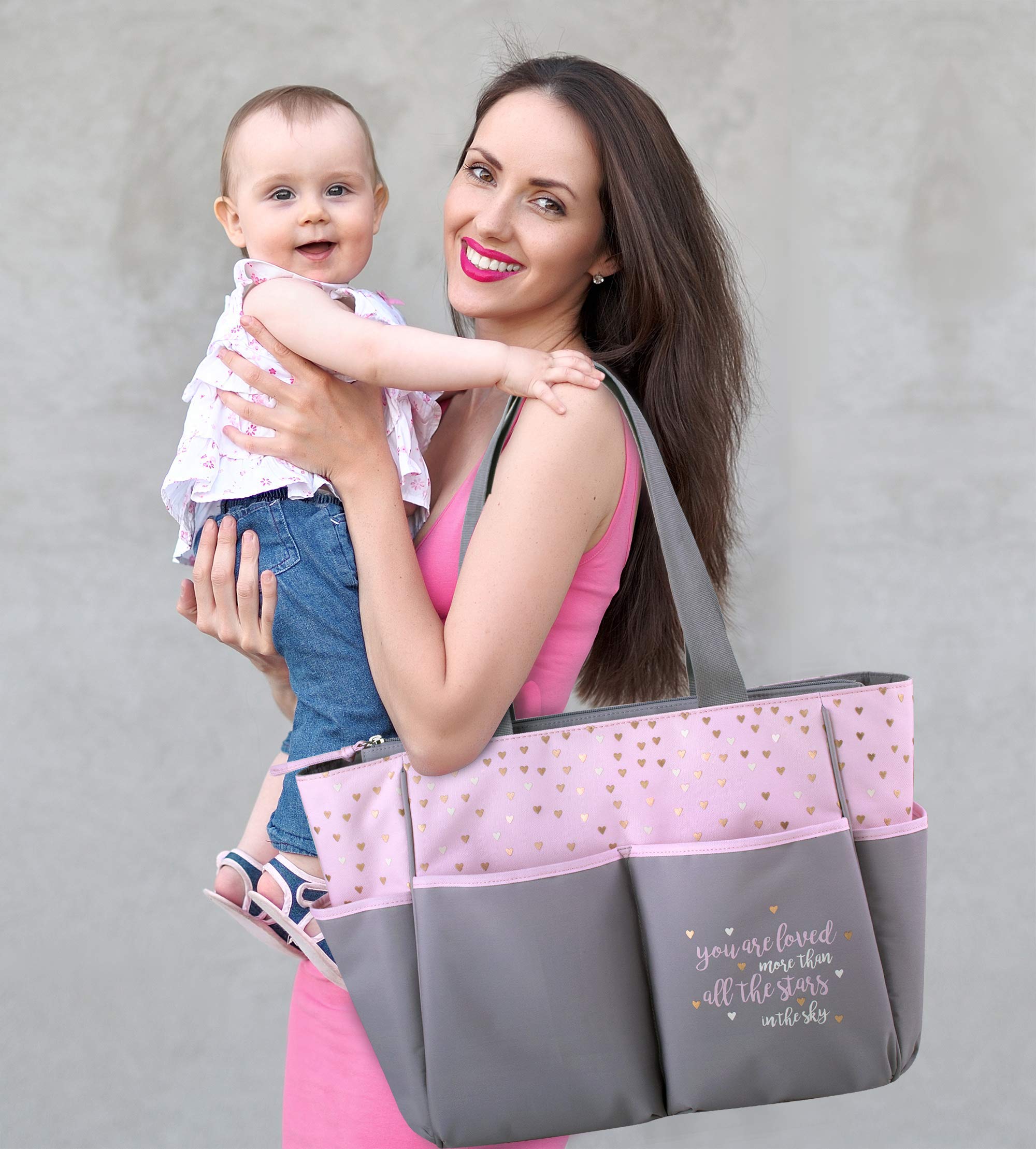 Baby Diaper Bag Tote 5 Piece Set with Pink Hearts, Saying, and Baby Portable Changing Pad, Diaper Bag, Travel Mat Station Gift Set
