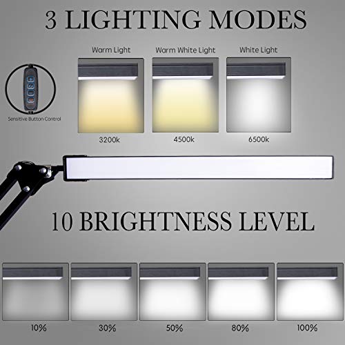 LED Desk Lamp, Adjustable Swing Arm Lamp with Clamp, Eye-Caring Reading Desk Light, 10 Brightness Levels, 3 Lighting Modes, Memory Function Desk Lamps for Home Office with Adapter (Black)