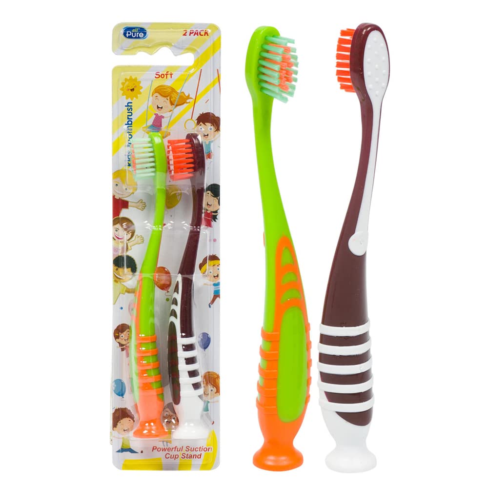 ALL PURE 6 Pack Kids Toothbrush Suction Cup Stand Soft Bristles Toddler Clean Oral Care