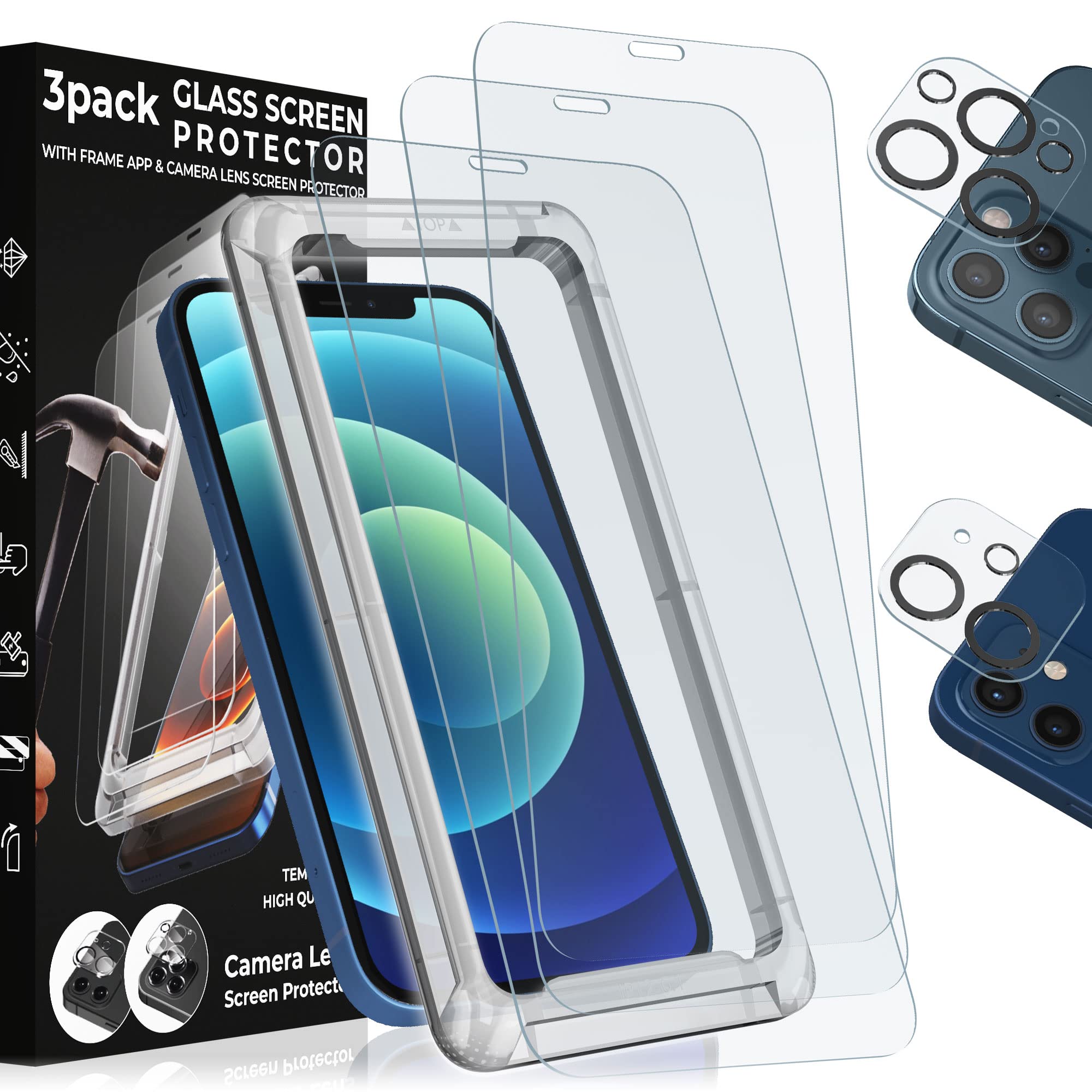 12 & 12 Pro Glass Screen Protector Tempered Glass Compatible for iPhone 12, 12 Pro w/Camera Lens Protector w/Easy Installation Case. 3 Pack Glass Screen Protector 12 Pro & 12. Hardness 9H, 2.5D (10)