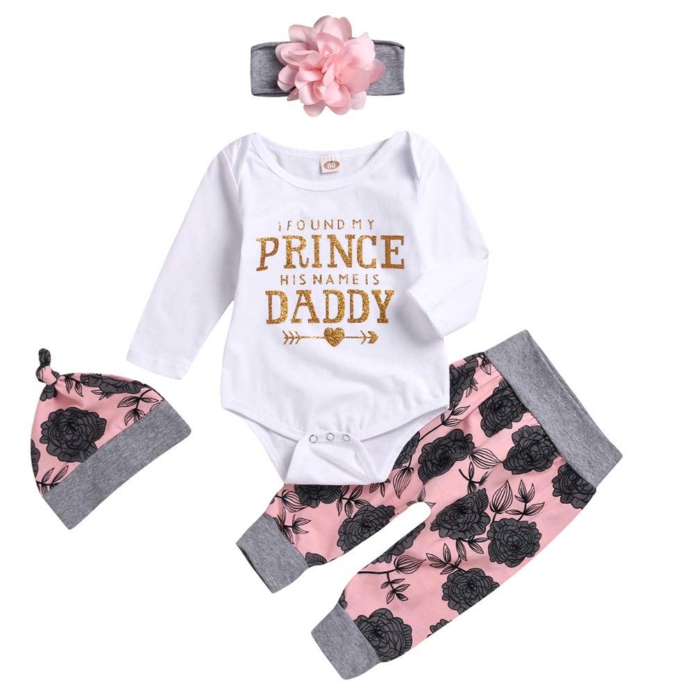 4Pcs Infant Baby Girls Arrow Letters Romper Top+Long Floral Pant Leggings+Warm Hat+Headhand Bodysuit (0-3 Months, White&Floral)