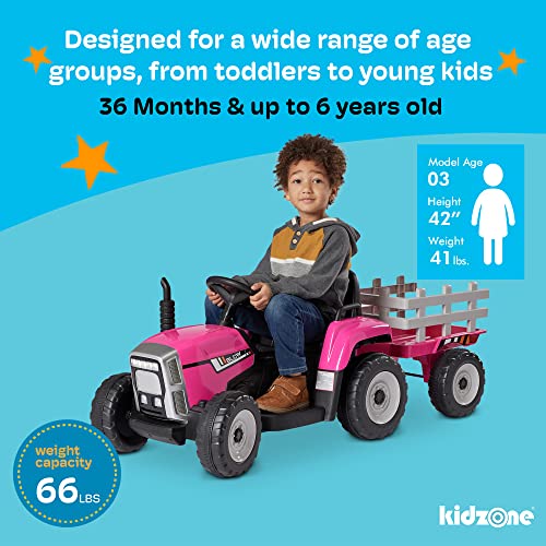 Kidzone 12V 7AH Treaded Tires with Dual 25W Motors Remote Control Battery Powered Electric Tractor with Trailer Toddler Ride On Toy with 3-Gear-Shift 7-LED Lights USB & Bluetooth Audio - Green