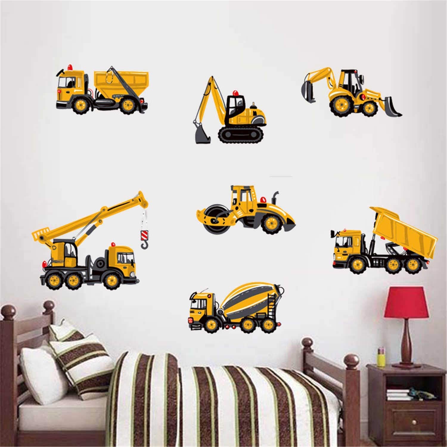 AIYANG Construction Vehicles Wall Stickers Truck Digger Tractor Crane Engineering Car Wall Stickers for Boys Bedroom Playroom Construction Decor for Boys Room Decoration