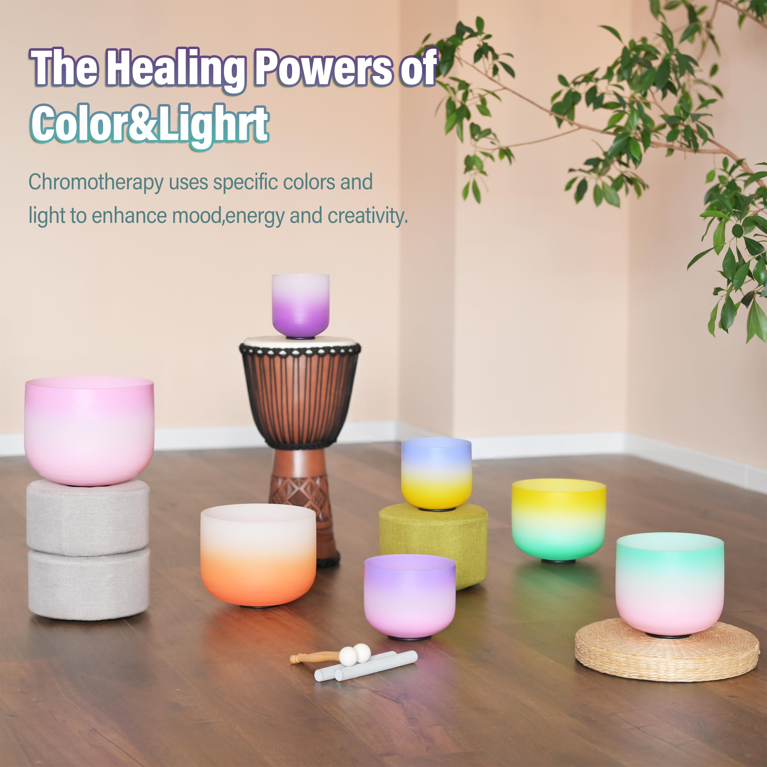 440HZ 6''-12'' Set of 7 PCS Quartz Color Crystal Singing Bowls Sound Healing Meditation