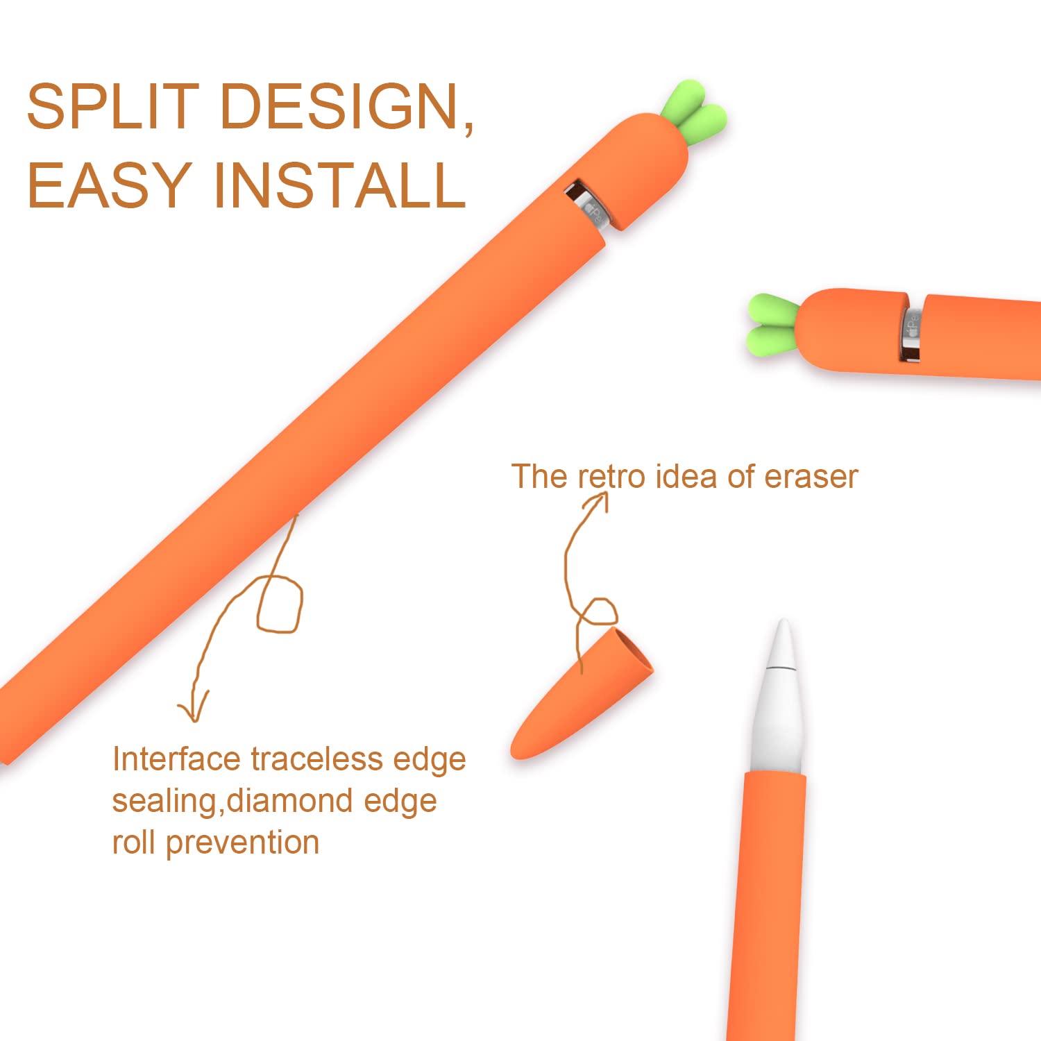 Love Mei Silicone Case for Apple Pencil Silicone Sleeve for 1st Generation Holder Protective Skin Cover case for iPad, Cute Carrot Accessories Soft Grip Pouch with Pencil Tip Cover /1st Orange