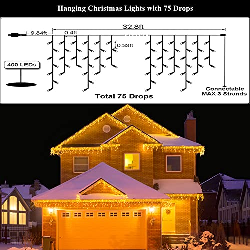 KiflyTooin Led Christmas Lights Outdoor Christmas Decorations Hanging Lights 400LED 8 Modes 75 Drops, Outdoor Indoor Fairy String Lights for Party, Holiday, Wedding Decorations (Warm White)