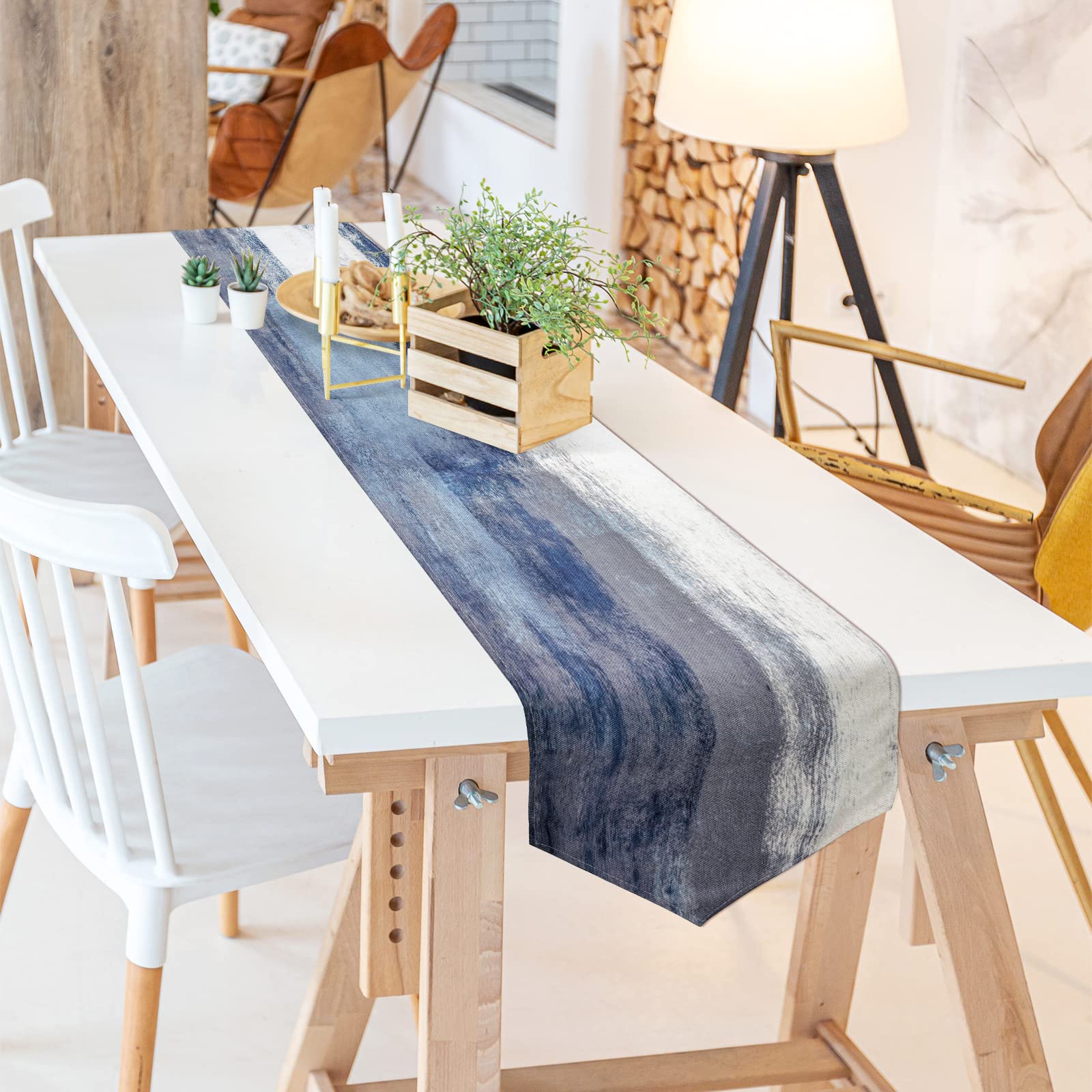 Blue and Grey Table Runner,Blue Abstract Modern Art Burlap Table Runners for Table Dresser Runner Farmhouse Style for Dinner Party Holidays Home Decoration (Blue and Grey, 13"x 71")