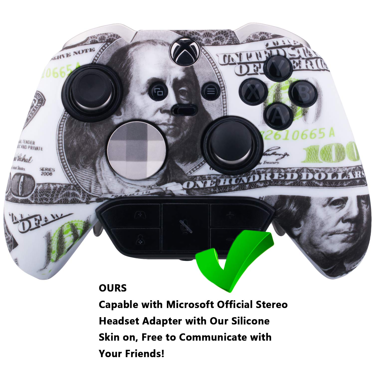 9CDeer 1 x Protective Customize Transfer Print Silicone Cover Skin US Dollars + 6 Thumb Grips Analog Caps for Xbox Elite Wireless Controller Compatible with Official Stereo Headset Adapter