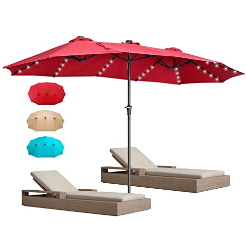 15 Ft Solar LED Patio Double-Sided Umbrella Table Umbrella with Crank Handle & 48 LED Lights