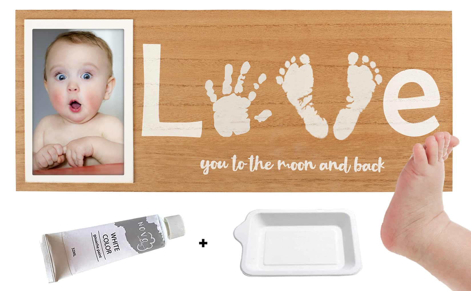 Baby Footprint & Handprint Photo Frame Kit | Capture Unforgettable Moments! Includes White Paint and Paint Tray | Newborn Keepsake Frame | Hand & Foot Impression (17 x 7 Inches