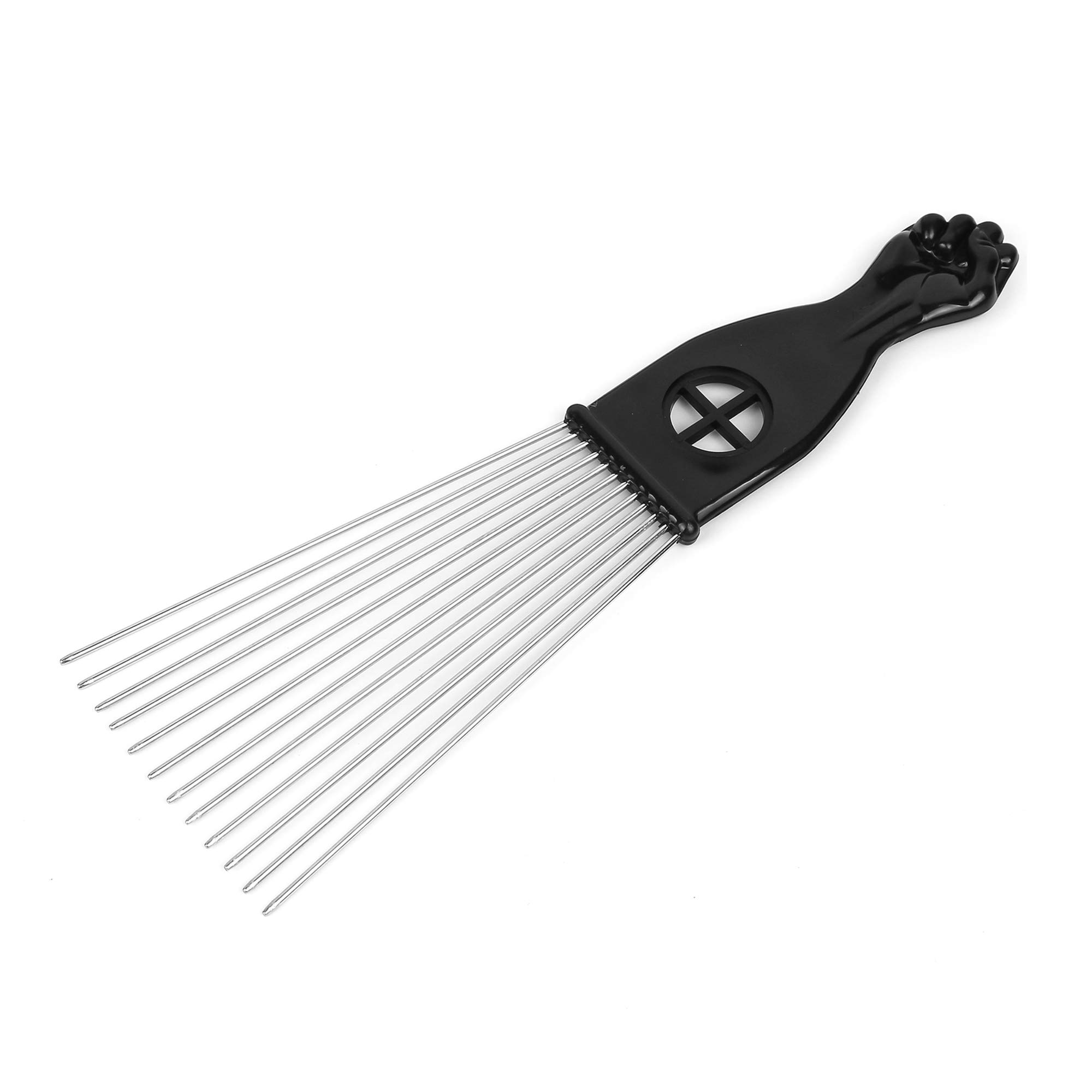 Folansy Afro Comb Metal African American Pick Comb Hairdressing Styling Tool, 2 Pack (Black-4, 2piece Assortment, Wide Teeth, Classic Black Fist Design, For Curly Hair and Afro Hairstyle)