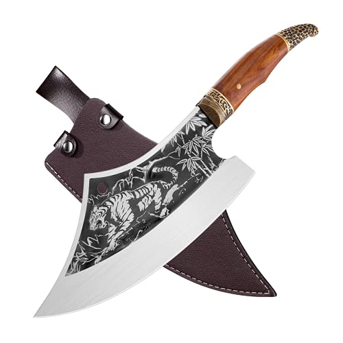 Golden Bird Meat Cleaver Knife with Sheath Hand Forged Tiger Cleaver Heavy Duty Bone Chopper Outdoor Camping Knife Butcher Knife for Meat Cutting