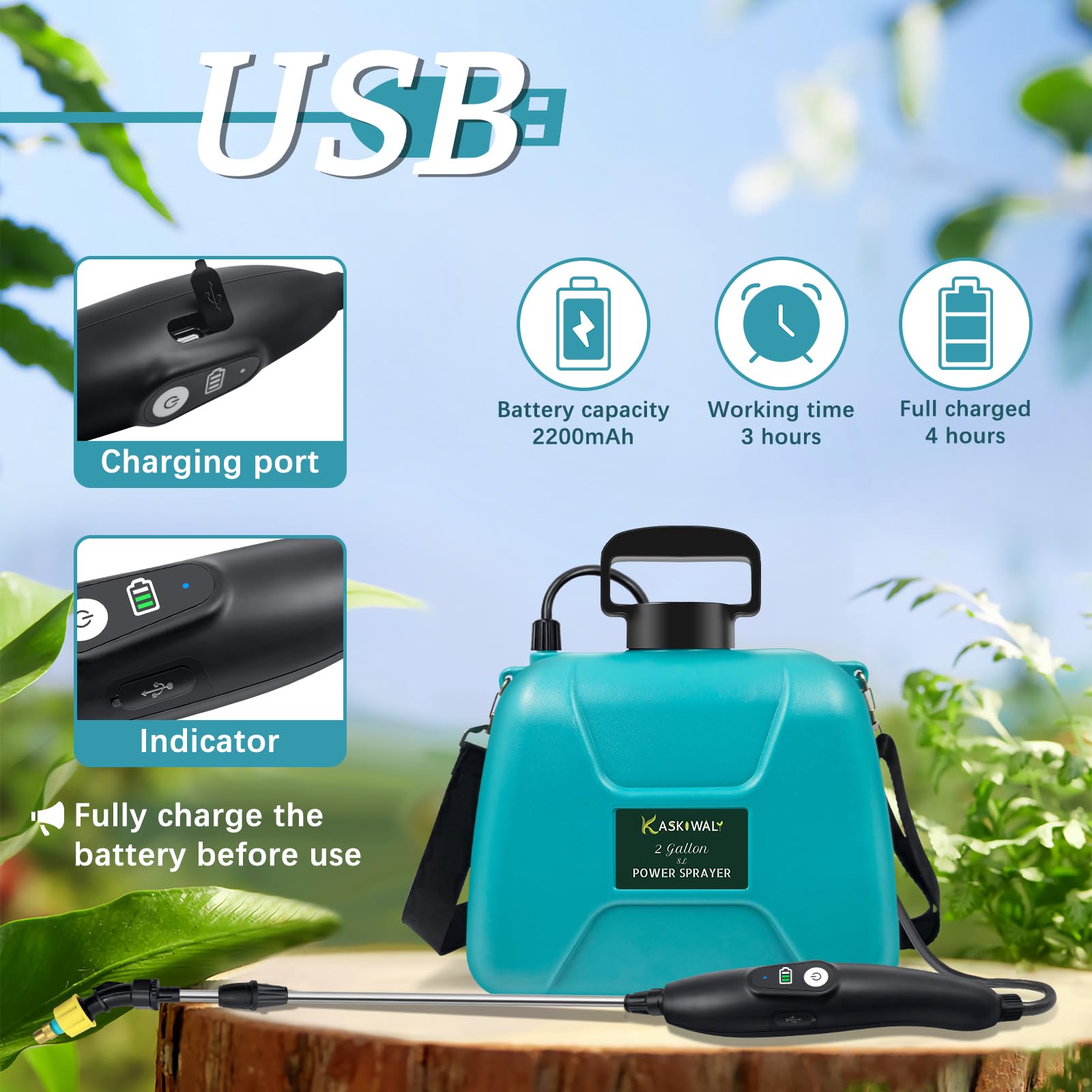 2 Gallon Electric Garden Sprayer, Battery Powered Sprayer with 3 Mist Nozzles, Yard Pump 2 Gallon Sprayer with Retractable Wand, Water Lawn Sprayer with Adjustable Shoulder Strap for Gardening