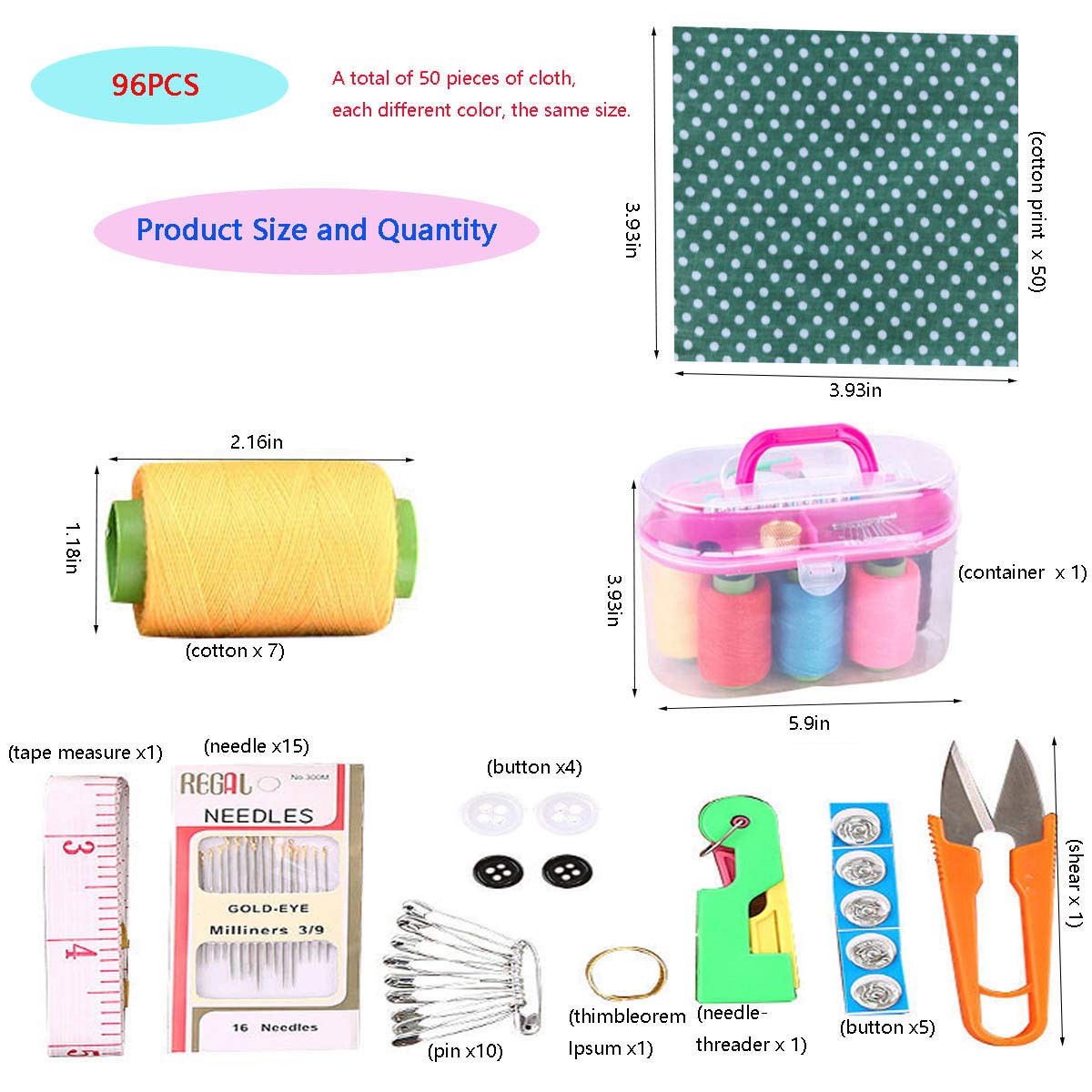 50 Pcs 4" x 4" Craft Fabric, Craft Bundle Patchwork, Pre-Cut Quilt Squares, Quilting Fabric Bundles with Sewing Kit for DIY Artcraft Pattern