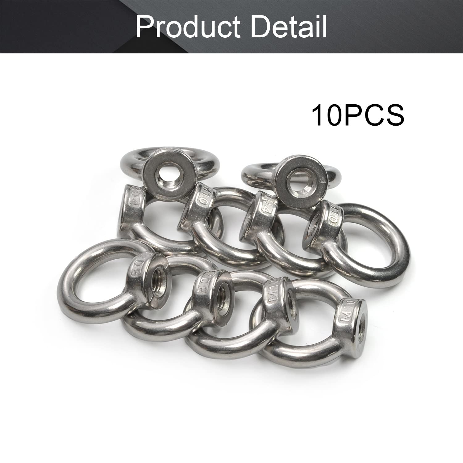 MroMax 10Pcs M10 Lifting Eye Nuts 304 Stainless Steel Female Thread Ring Shaped Metric EyeNuts Fastener for Rope Fitting and Engineering Lifting Machinery Silver Tone